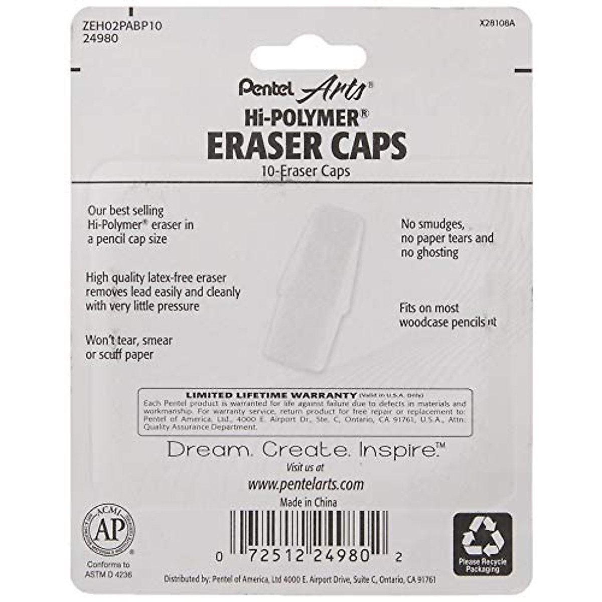 Pentel Arts Hi-Polymer White Cap Erasers (ZEH02PABP10)