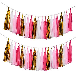 MerryNine Tissue Tassels Garlands, 40PCS DIY Tassels, 14 Inch Long Tassels, for Wedding, Baby Shower, Event & Party Supplies Decoration (Rose/ Pink/ White/ Gold Set)