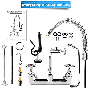 Launceter Commercial Faucet with Sprayer, 8 Inch Center Wall Mount Kitchen Faucet with 12" Swivel Spout, 42" Height Compartment Sink Faucet with Pre-Rinse Sprayer for Restaurant Industrial