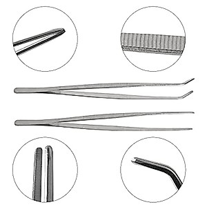 2 Pcs 12 Inch Long Handle Stainless Steel Straight and Curved Tweezers Nippers, Set with Serrated Tips Comfortable Ridged Handle for Garden, Kitchen, Indoors and Outdoors