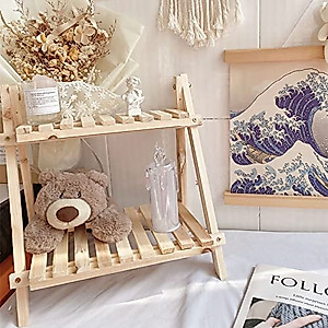 Wooden Double Layer Rack Desk Storage Organizer, Foldable 2-Tier Ladder Shelves, Durable Shelf Flower Pot Seasoning Racks, Sundries Shelf, Home Decor Ladder, 34 x 18 35 cm