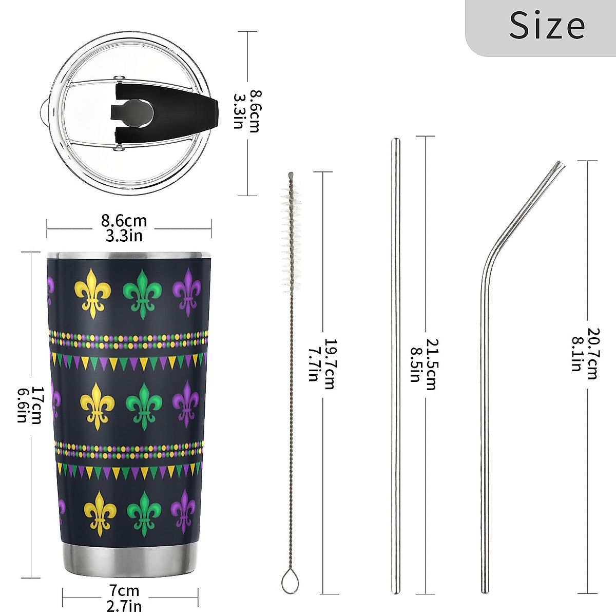 Yasala Mardi Gras Tumbler Party Bunting Beads Fleur De Lis Insulated Coffee Cup Fat Tuesday Beverage Container Office Travel Mug with Straw and Lid 20oz Holiday Back to School Gift