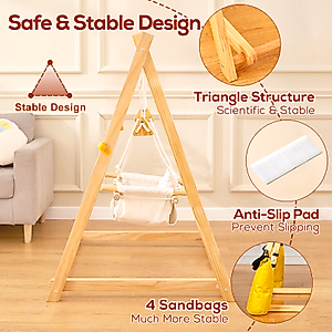 FUNLIO Wooden Toddler Swing Stand with 4 Sandbags, Foldable Baby Swing Stand with Durable Pine & Velcro for Toddlers 6-36 Months, Kids Swing Frame with Maximum Bearing 50lbs, Easy to Assemble & Store