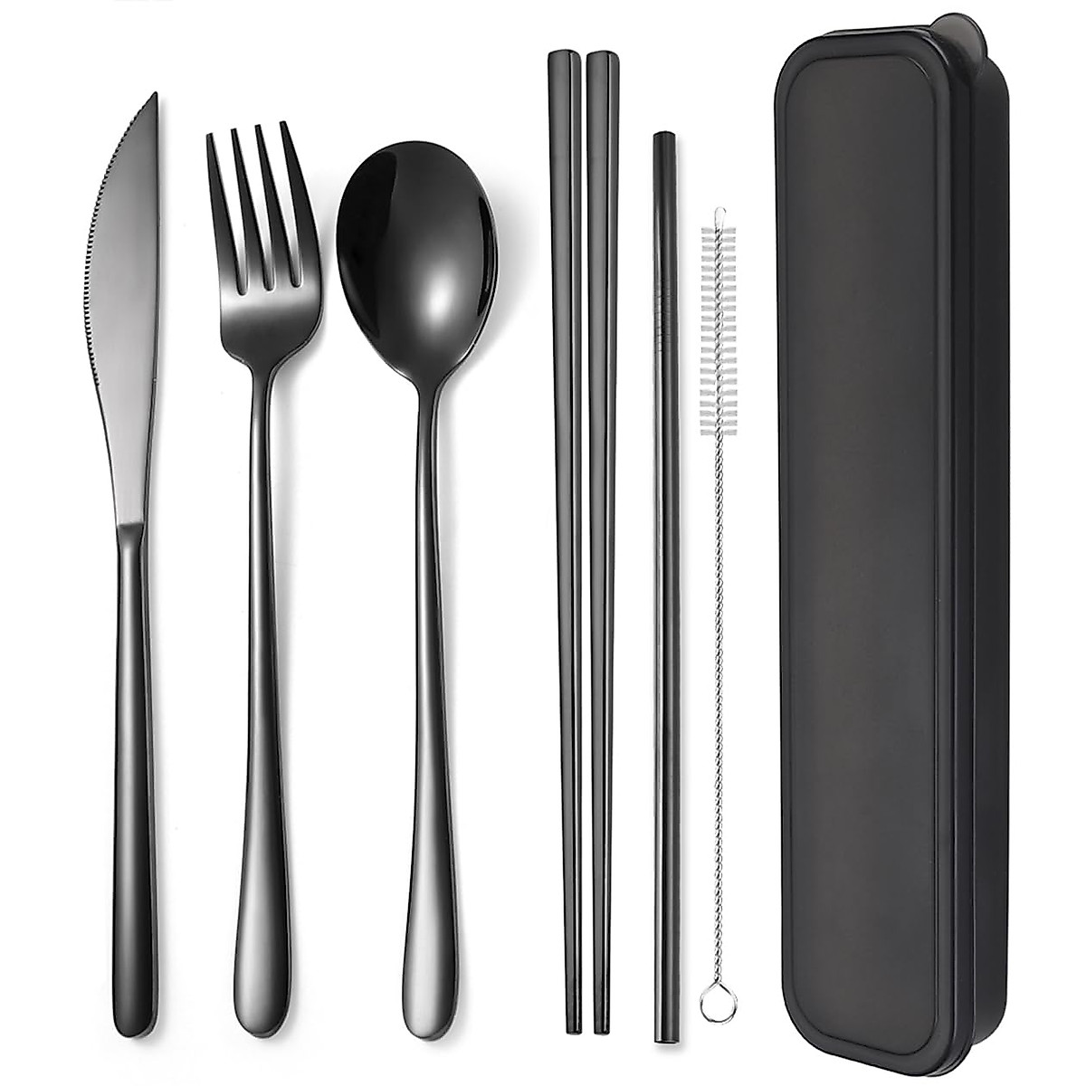 AARAINBOW 6 Pieces 18/8 Stainless Steel Flatware Set Portable Reusable Cutlery Set Travel Utensils Set Including Chopsticks Knife Fork Spoon Straws Cleaning Brush Dishwasher Safe (Black)