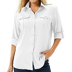 Women's UPF 50 Long Sleeve UV Sun Protection Safari Shirts Outdoor Quick Dry Fishing Travel Hiking Shirts #5070-White-XS