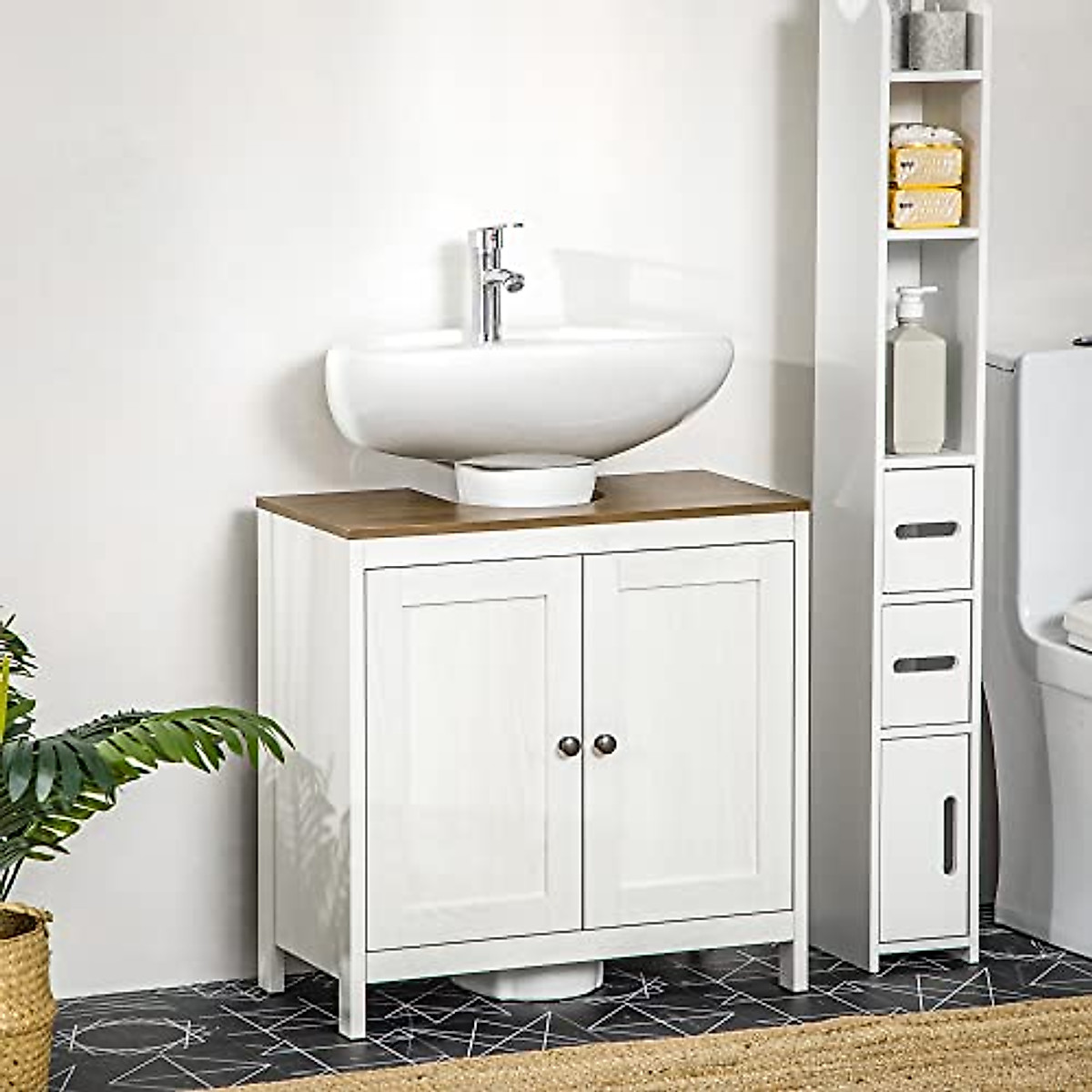 kleankin Modern Bathroom Sink Cabinet, Floor Standing Under Sink Cabinet, Freestanding Storage Cupboard with Adjustable Shelf, Double Doors, Antique White