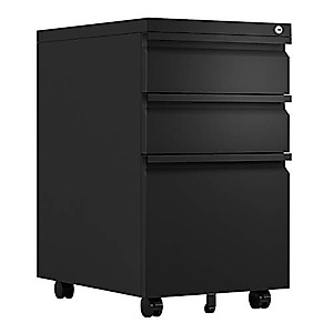 GREATMEET 3 Drawer Mobile File Cabinet with Lock,Under Desk Drawer Metal Filing Cabinet for Legal/Letter Size,Fully Assembled Black