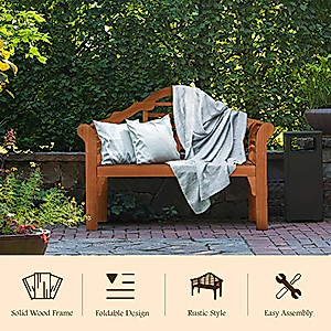 RELAX4LIFE Wooden Garden Bench for Outdoors & Indoor Patio Foldable Bench 4 Ft with Crown-Like Backrest and Curved Armrest Poolside, Porch, Balcony, Garden Eucalyptus Two Person Loveseat Chair