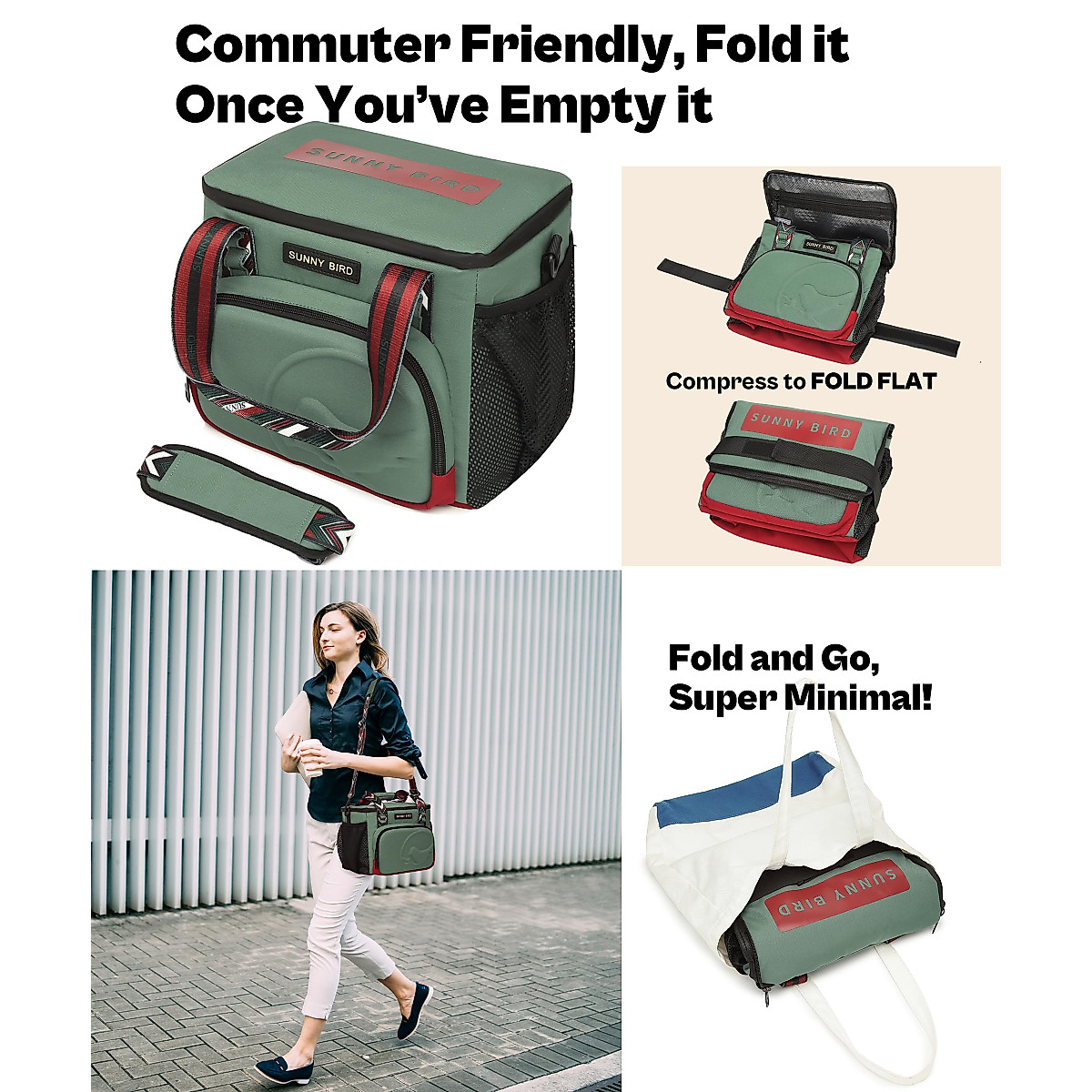 SUNNY BIRD 12L Large Insulated Lunch Bag, Foldable Lunch Cooler Box for Women Adult and Men, Fits 18 Cans (Green with boho strap)
