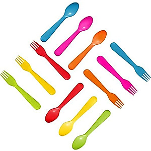PLASKIDY Plastic Toddler Utensils Set of 24 Kids Utensils Forks and Spoons - BPA FREE/Dishwasher Safe Toddlers Silverware Set Brightly Colored Children's Safe Flatware Cutlery Set
