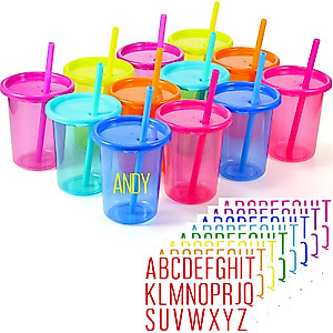 Sawysine 12 Pieces Kids Cups with Straws and Lids, Tumbler Cups Bulk Plastic Cups for Toddlers Reusable Spill Proof Christmas Cups for Kids with Colored Alphabet Stickers