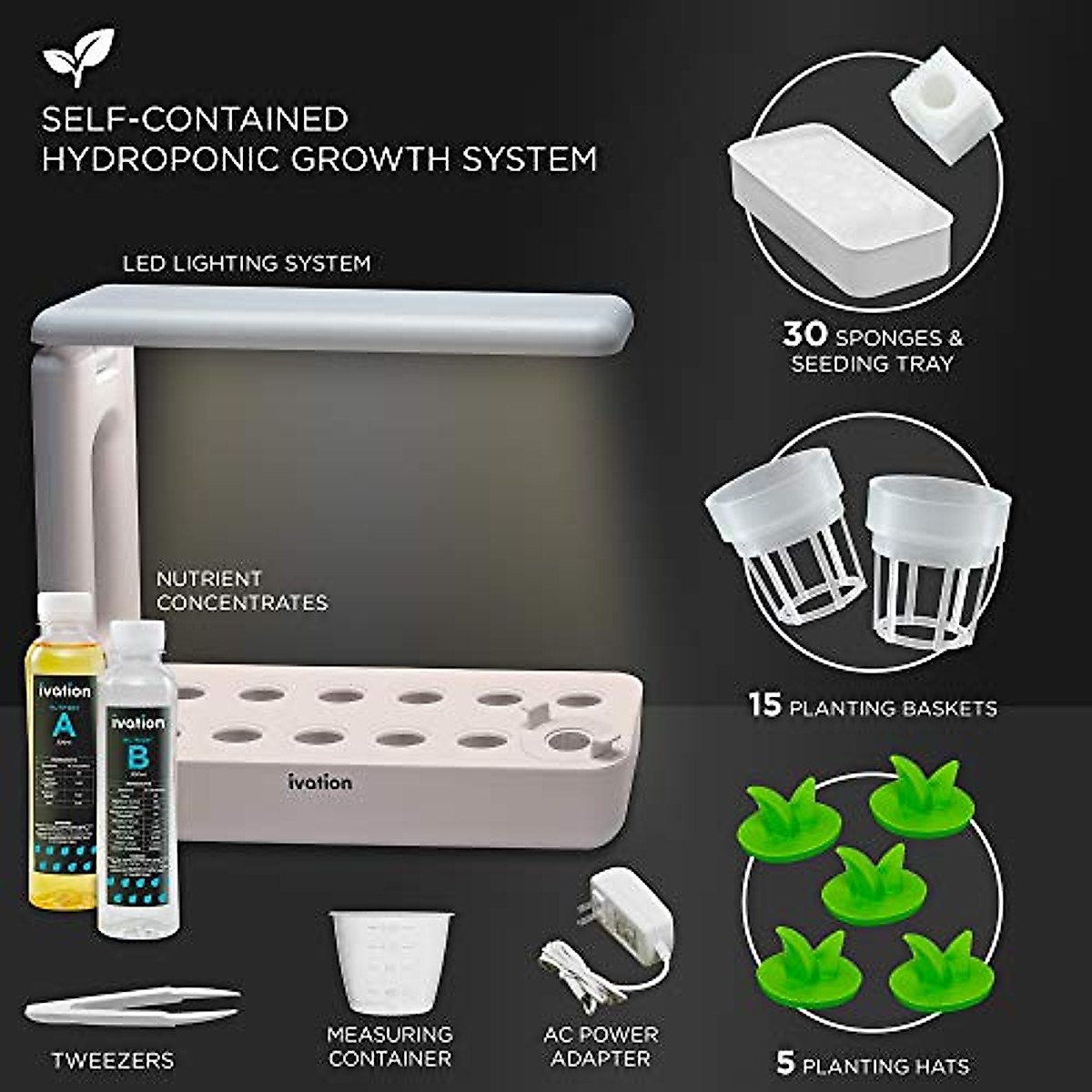 Ivation Herb Indoor Garden Kit | Complete Hydroponic Grow System for Herbs, Plants & Vegetables with LED Light, Seeding Box & Sponge Cubes, Planting Pods & Hats, Nutrients & Tweezers | Just Add Seeds!