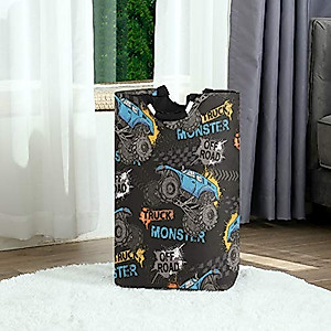 susiyo Abstract Monster Truck Car Laundry Basket Collapsible Laundry Hamper Foldable Dirty Clothes Bag Large Storage Basket with Handles for Kid Room Toy Bin Bathroom Clothing Organizer