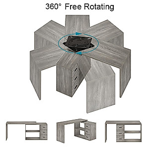 HSH 360° Rotating L Shaped Computer Desk with 3 Drawers and 2 Shelves, Home Office Swivel Desk for Work Writing Study Gaming, Reversible Wood Corner Desk with Storage Cabinet, Light Grey Oak, 55 Inch