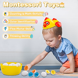 maysida Easter Basket Stuffers 12 Pack Matching Eggs, Shape Color Easter Eggs with Chicken Toy, Sensory Play Learn Toy for Kids Toddler Girl Boy, Educational Easter Essentials Gift Hunts Party Favors