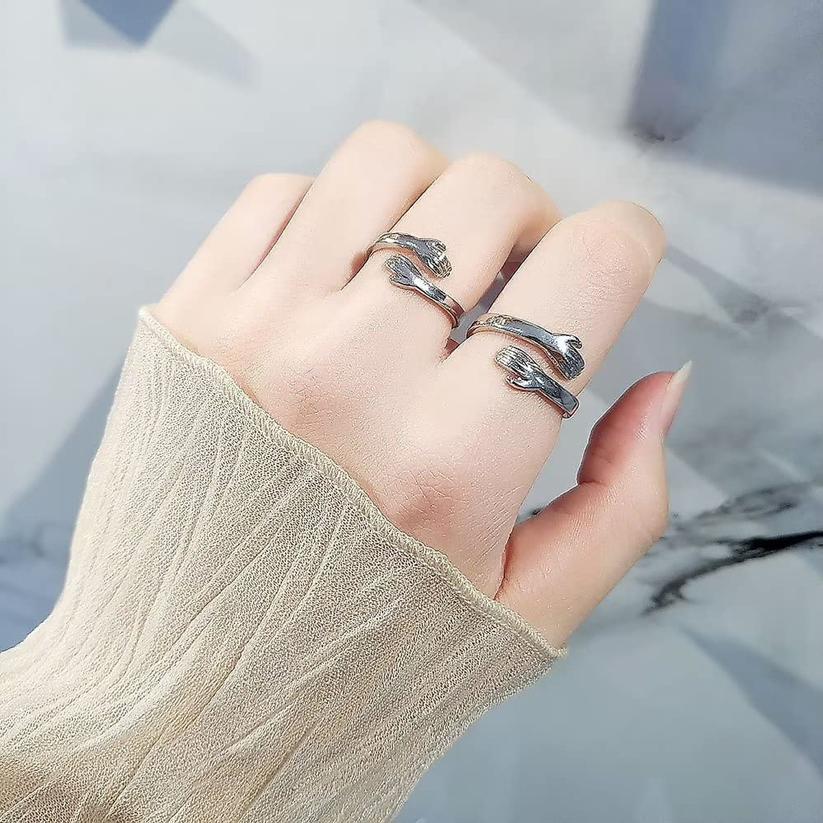 Todu Silver Plated Hug Rings Always With You Adjustable Hugging Hands Open Love Promise Friendship For Women Men Rings Jewelry Gift