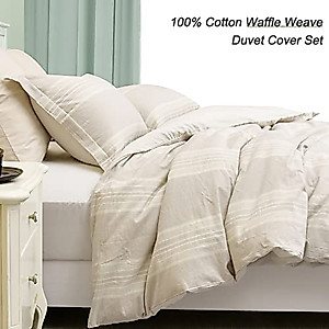 David's Home 100% Washed Cotton Duvet Cover Set Queen Size, Chambray Stripe Duvet Cover with Pillow Shams, 3pcs Ultra Soft and Breathable Comforter Cover Set, 90x 90 Inches, Khaki