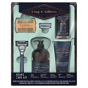 King C. Gillette Grooming Kit, 1 Razor with 2 Blade Refills,1 Oz Beard Oil, 11 Oz Beard Wash, 5 Oz Shave Gel, 1 Comb