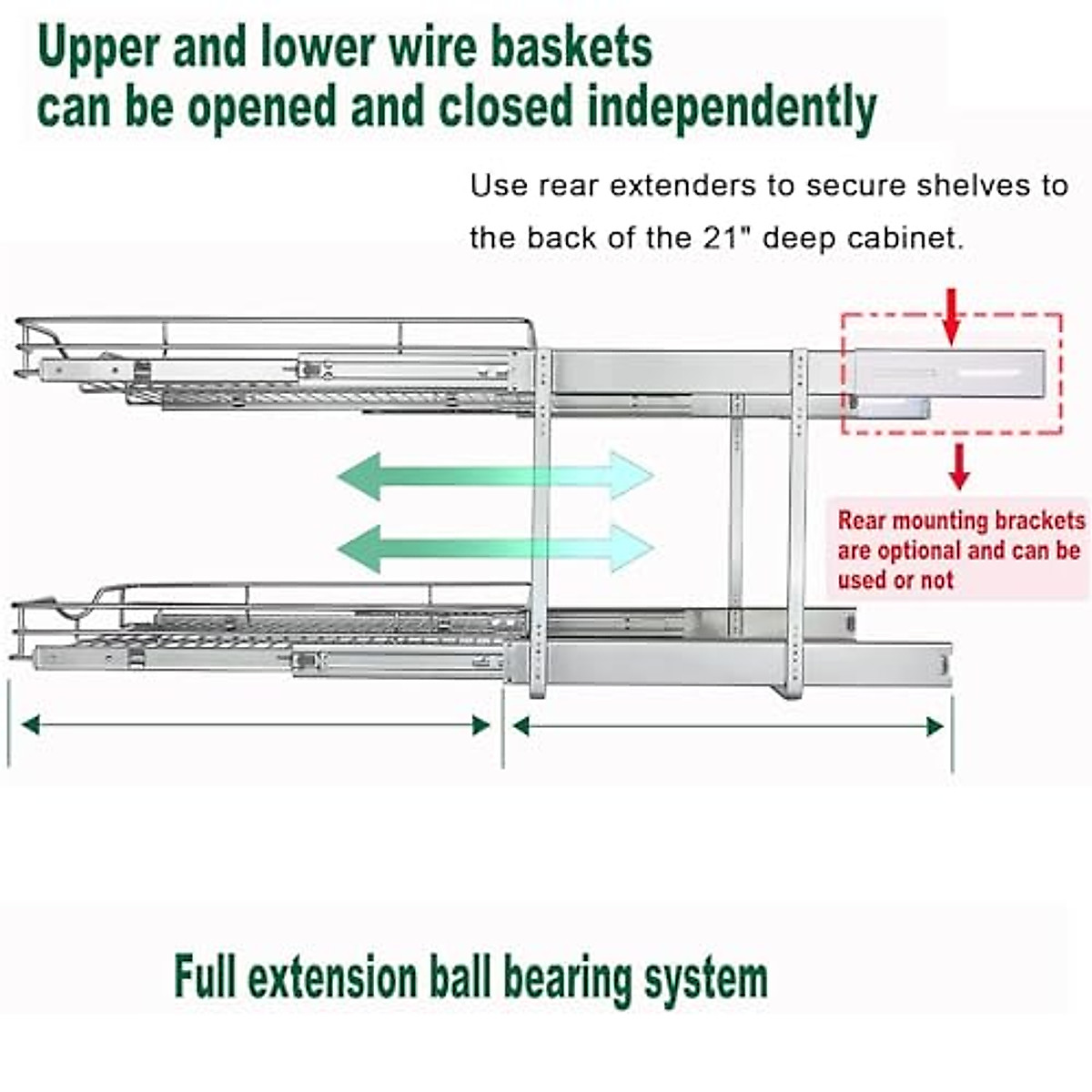 DINDON 2 Tier Pull Out Cabinet Organizer (17" W x 18" D) Heavy-Duty Metal Sliding Drawer Shelf, Two Tier Pull Out Shelves for Kitchen Cabinets, Pantry, Bathroom, Chrome Finish