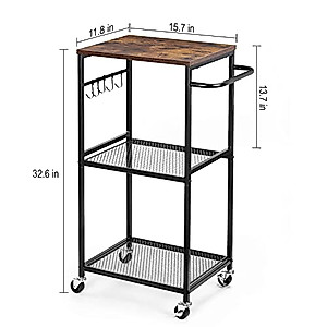 NANANARDOSO Kitchen Cart on Wheels, 3 Tier Mesh Utility Storage Cart, Wood Look Top and Metal Frame Rolling Pantry Cart for Kitchen, Living Room, Laundry Storage, Rustic Brown.