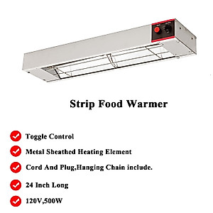 KOUDA 24'' Food Heat Lamp Overhead Food Warmer Commercial Infrared Strip Heater with Cord & Plug,120V,500 Watts (24 Inch), Silver