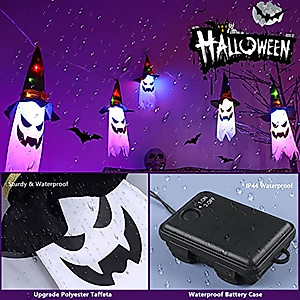 CUNGLIN Outdoor Halloween Decorations Hanging Ghost with Witch Hats, 5 Pack Lighted Ghosts Halloween Decor Indoor, Led Colorful String Lights Waterproof Battery for Home Porch Yard Garden Outside