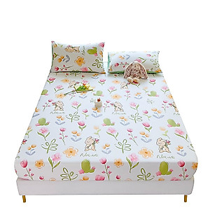 100% Cotton Fitted Sheet with Elastic Bands + 2pc Pillowcases Non Slip Bed Sheet Floral Single Double Twin Twin-XL King Queen Cal-King Bed B84 (Queen (U.S. Standard))