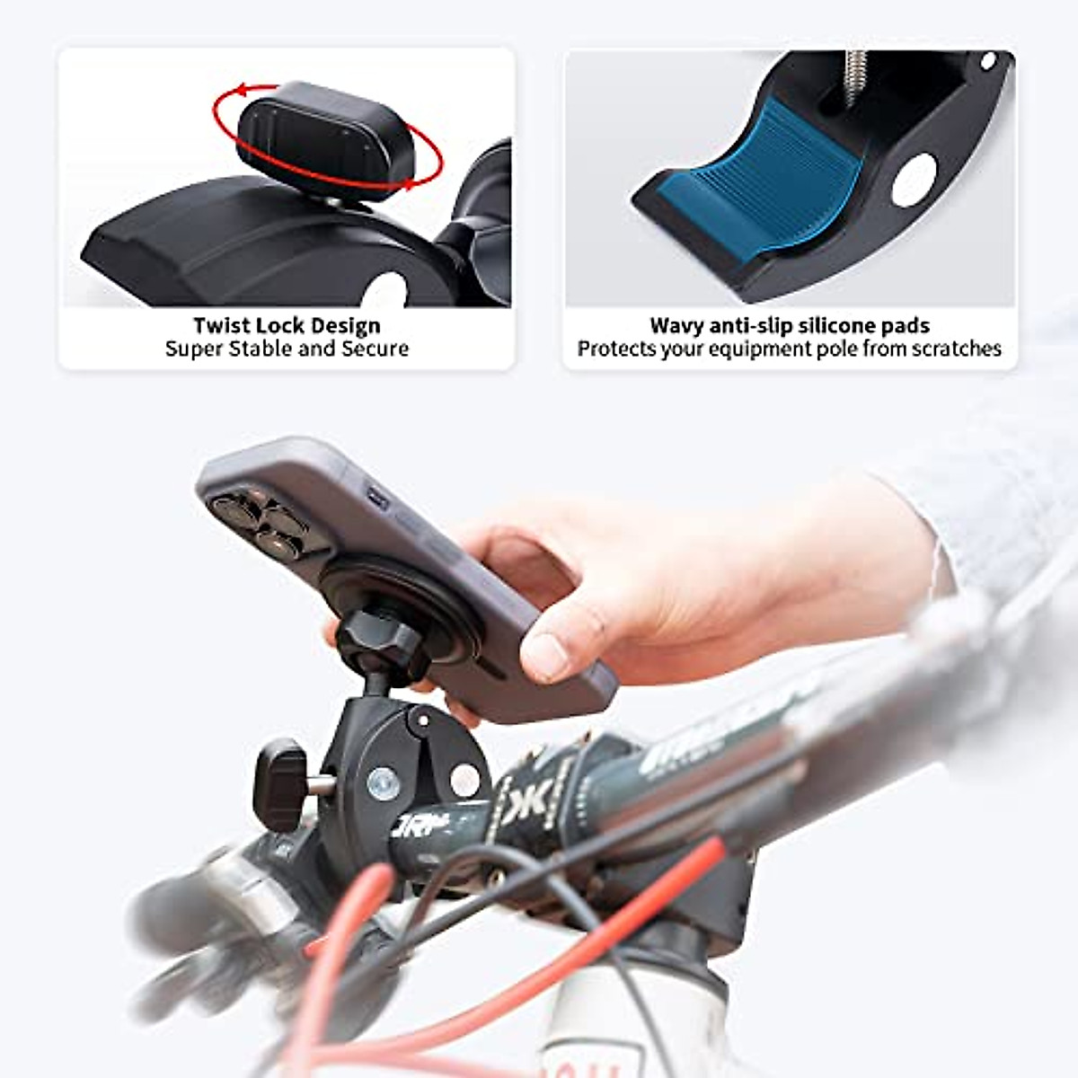 Phone Holder Mount Magnetic Accessories: Fitness Equipment Gym Motorcycle Handlebar, Exercise Bike, Treadmill, Stroller, Cart, for Magsafe iphone 15 14 13 12 Plus Pro Max & All Cellphone Stand Clamp