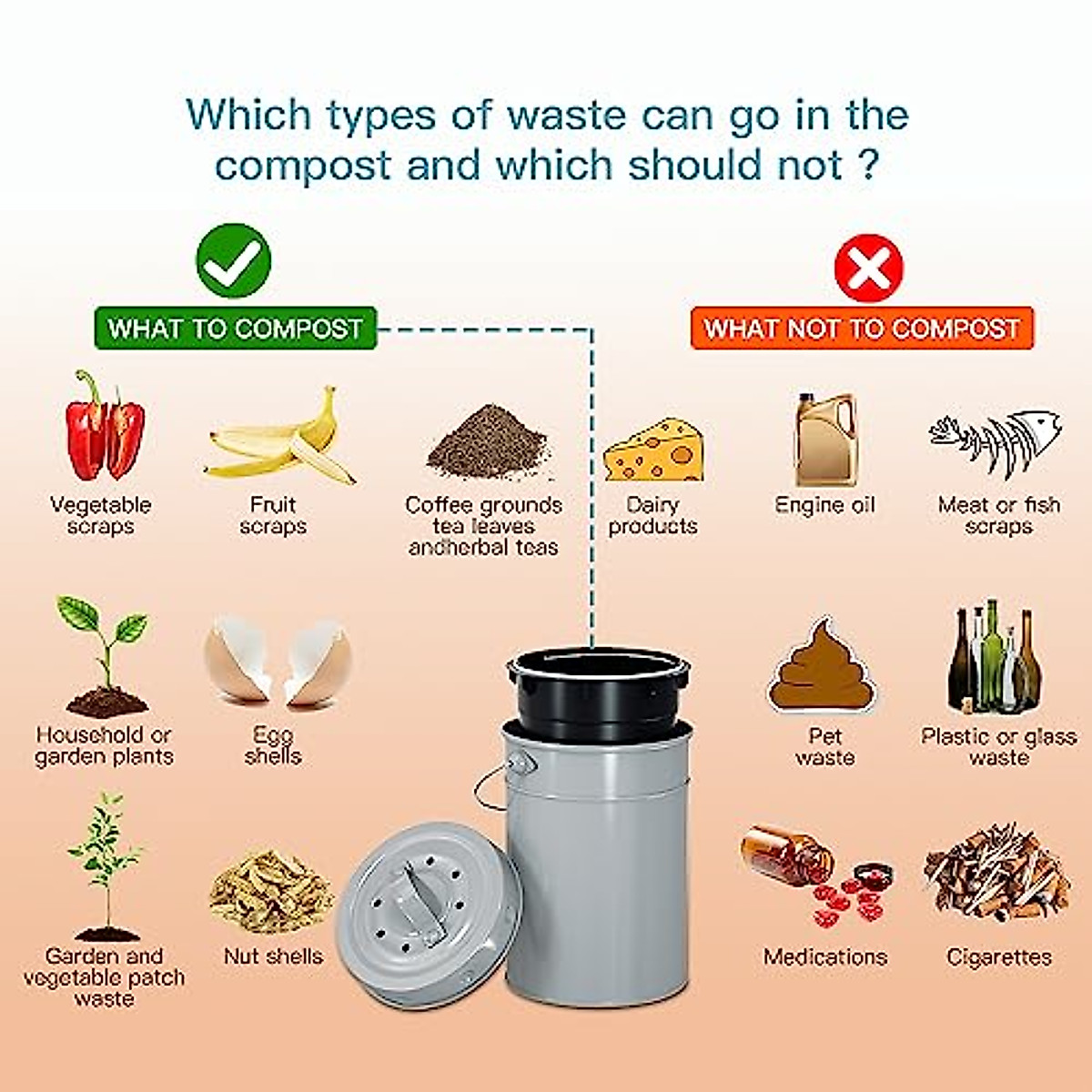 NOVTEKE Compost Bucket for Kitchen Countertop - 1.0 Gallon Kitchen Coffee Grounds Compost Bin Countertop with Liner Bucket and Charcoal Filter Lid, Compost Pail Container