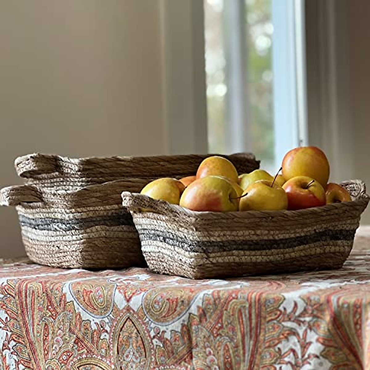 Coastal Grey Stripes 3 Piece Basket Set, Rectangular, Shelf Organizers, Corn Husk Wicker, Durable Chunky Rope Weave, 15.75, 18.5, and 19.25 Inches