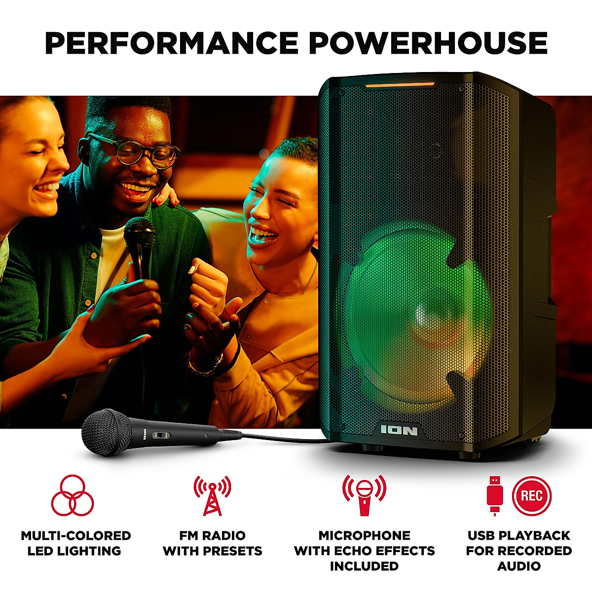 Ion Audio Trouper 300 - Battery Powered Portable Bluetooth Speaker with Rechargeable Battery, Multi-Channel Mixer and Lights (Renewed)