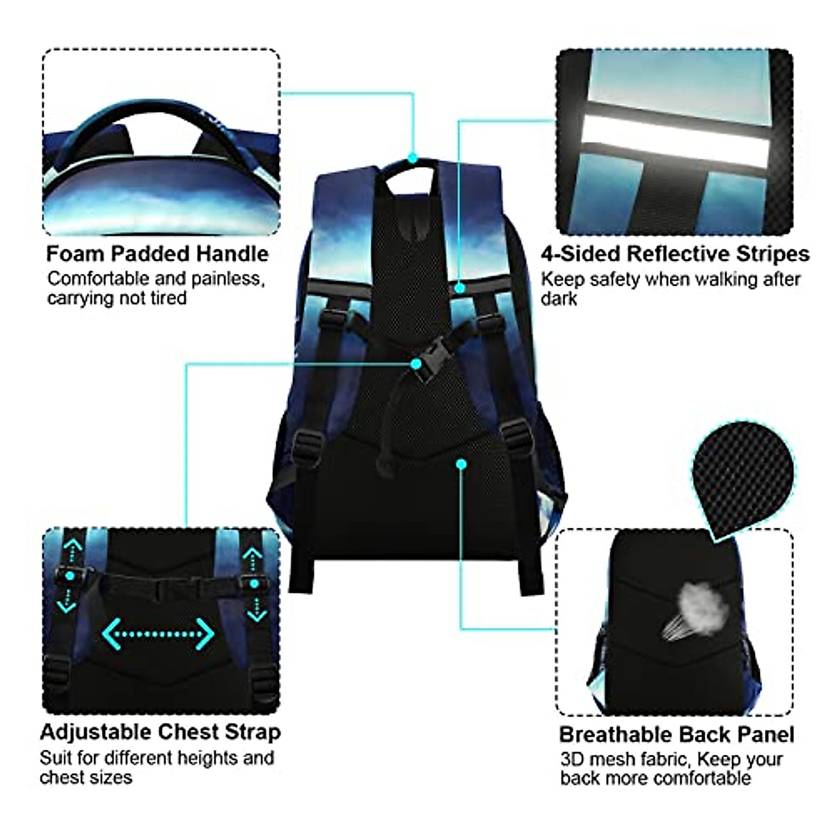 Angry Dragon School Backpacks with Chest Strap for Teens Boys Girls,Lightweight Student Bookbags 17 Inch, Blue Casual Daypack Schoolbags