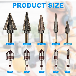Rocaris 5 Pack Step Drill Bit & 5 Pack M2 Countersink Drill Bit Set, Titanium Coated, 50 Sizes of Step Bit for Metal with Aluminum Case, Multiple Hole Stepped Up Bits for DIY
