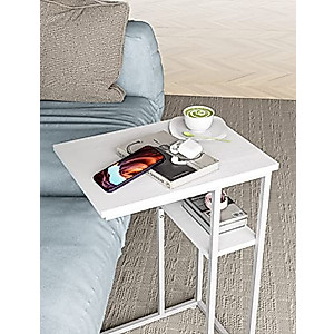 Innerjoin C Shaped End Table, Side Table with Metal Frame, TV Tray Table for Couch, Sofa Table for Living Room Bedroom, Bedside, Rustic Vintage Style, White