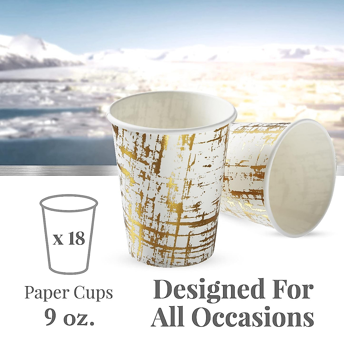 SILVER SPOONS (18 - Pack 9 Oz.) Elegant Disposable Coffee Cups - Drinking Hot Cups For Coffee, Tea, Hot Chocolate & All Sort Of Beverages, Paper Coffee Cups, Gold