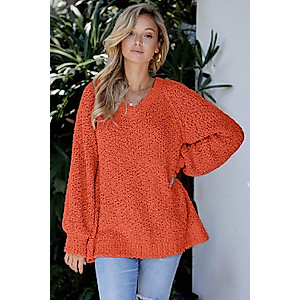 KIRUNDO Women's 2024 Fall Winter Oversized Fuzzy Popcorn Sweaters Trendy V Neck Long Sleeve Cozy Pullover Tunic Tops(Medium, Orange)