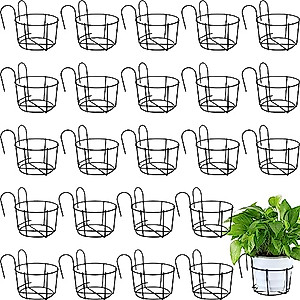 Dandat 24 Pcs Hanging Railing Planters 6 Inch Flower Pot Holders Black Potted Stand Railing Planter Iron Rack Balcony Planter Basket Small Shelf Container for Indoor Outdoor Balcony Fence Garden