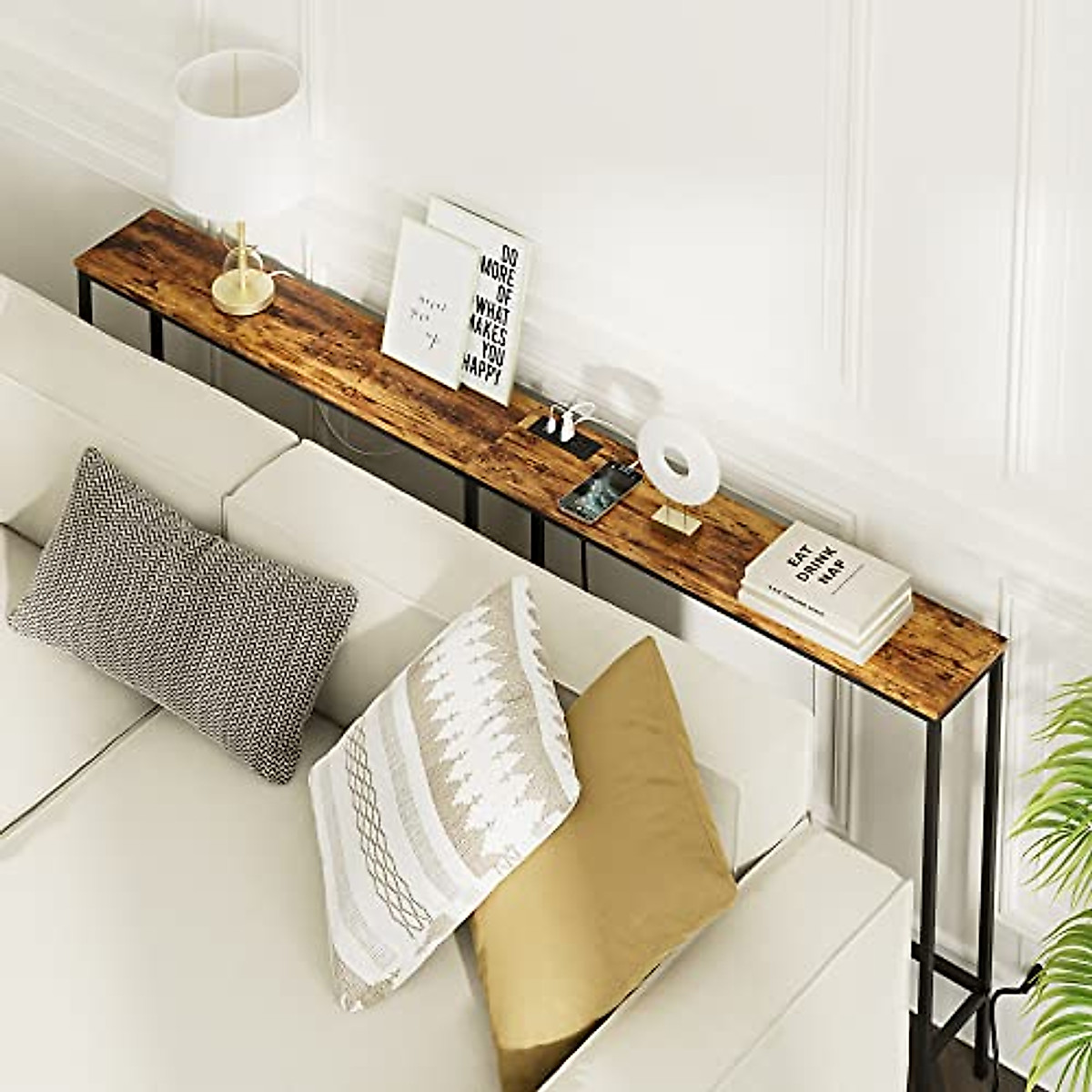 Masupu 70.9 Inch Console Table with Power Outlet,Modern Narrow Long Sofa Table Behind Couch,Skinny Entry Table with Gold Metal Frame for Entryway,Living Room, Hallway,Rustic Brown