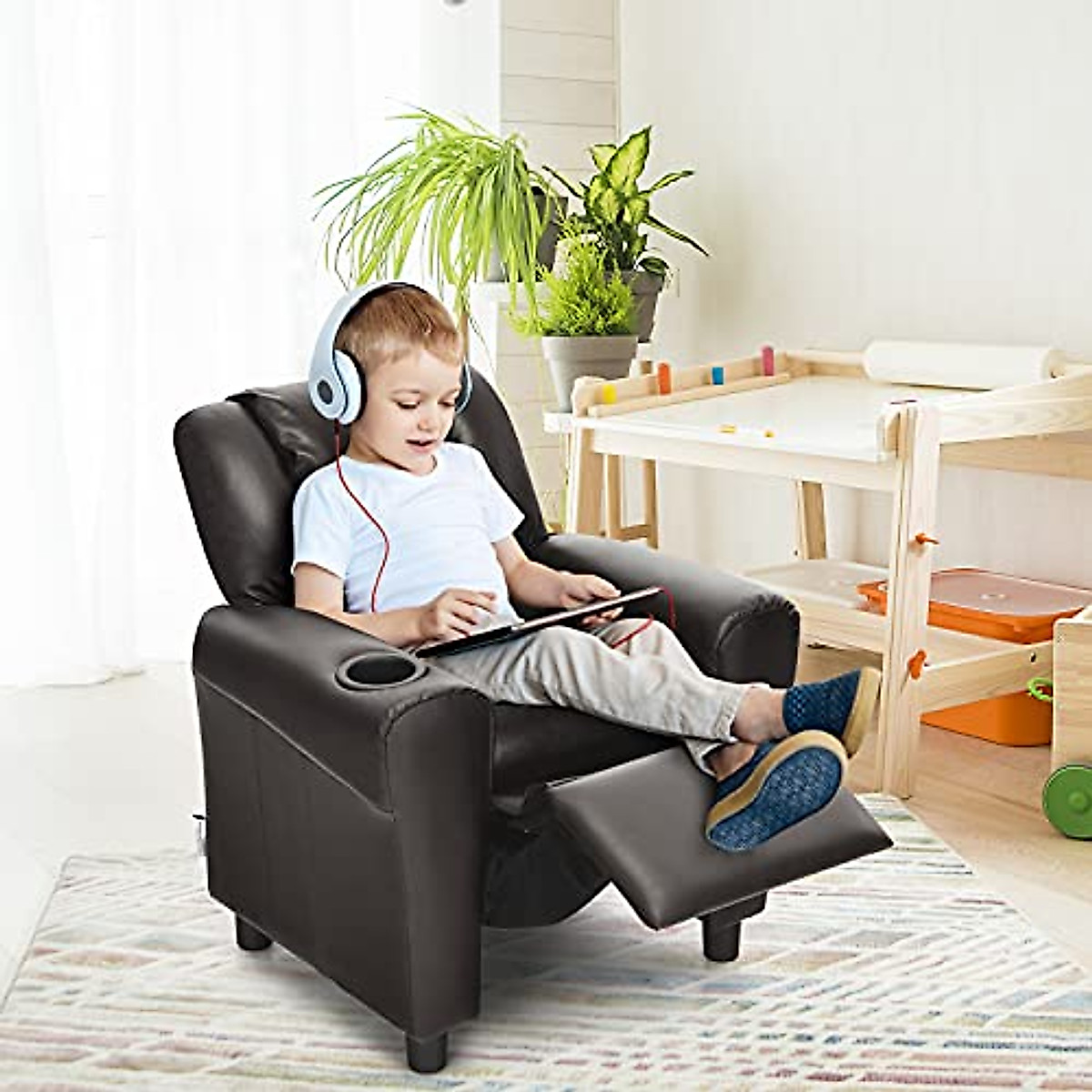 Costzon Kids Recliner Chair with Cup Holder, Toddler Furniture Children Armrest Sofa w/Headrest & Footrest for Girls Boys Baby Bedroom, Kids Room, PU Leather Kids Recliner Couch (Brown)