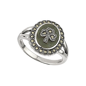 Solvar Shamrock Ring Connemara Marble & Marcasite Sz 8