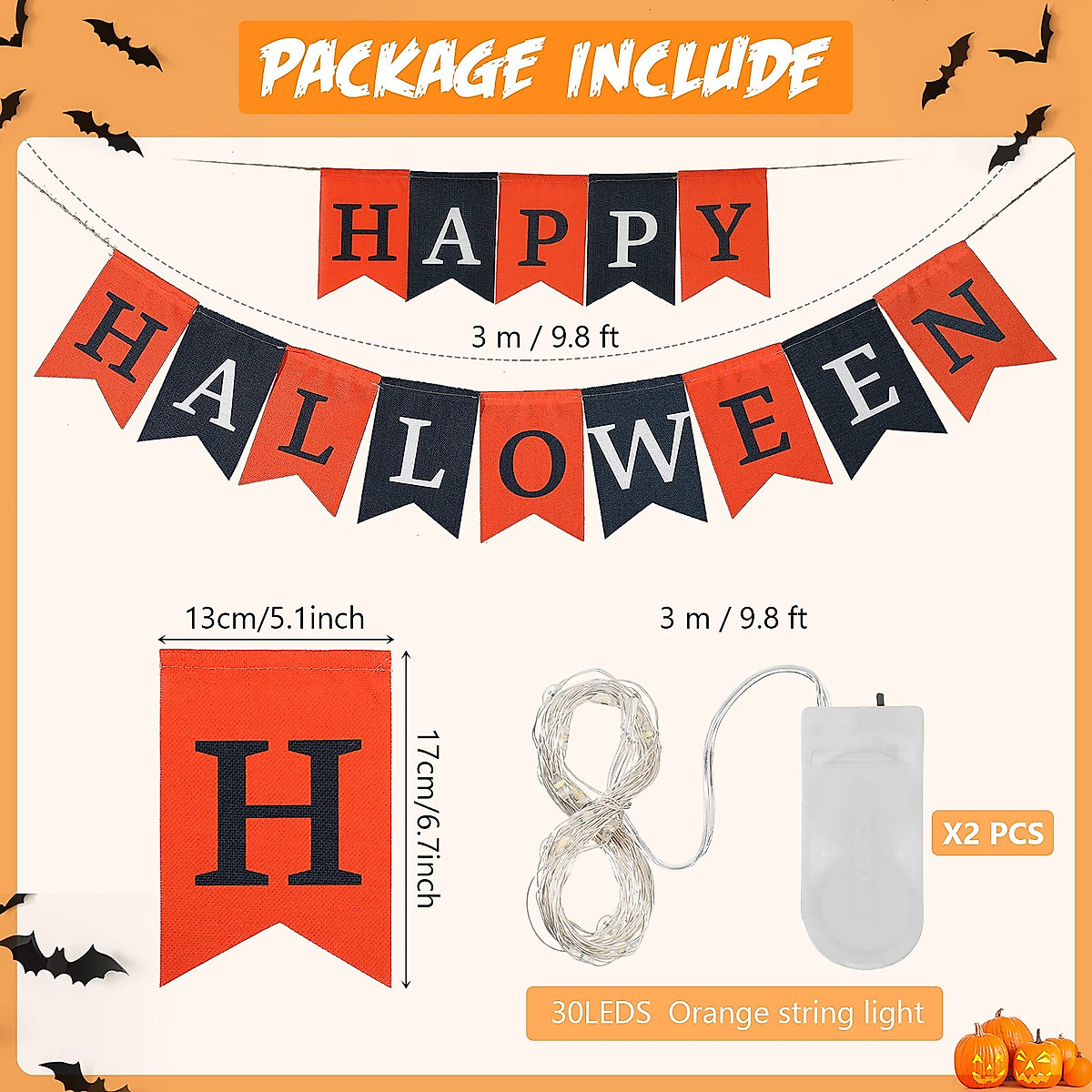Happy Halloween Banner Halloween Decoration Fabric Banner Garland with String Light for Fireplace Decorative Halloween Black Orange Banner Halloween Flag Party Mantel Hanging Decoration Supplies