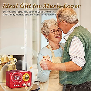 PRUNUS J-160 Portable Transistor Radio AM FM Small Retro Vintage Radio with Bluetooth, Rechargeable Battery Operated, Support TF Card AUX USB MP3 Player (Red)