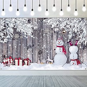 Fabric Wood Winter Snowman Backdrop for Photography - Merry Christmas New Year Party Photography Props, 72.8 x 43.3 Inch