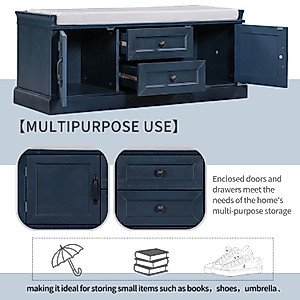 KLIECH Storage Removable Cushion 2 Drawers and 2 Cabinets,Wooden Shoe Bench for Hallway Entryway Living Room,Antique Navy, 1