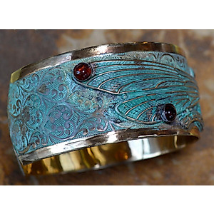 Elaine Coyne Collectible Artwear Dragonfly Cuff Bracelet - USA Made - Genuine Garnet