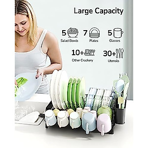 ULG Dish Drying Rack with Drainboard, Countertop Dish Rack, Rustproof Dish Drainer for Kitchen Counter, Draining Rack with Detachable Utensil Holder, Adjustable Swivel Spout Dish Strainers, Black