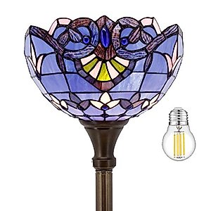 WERFACTORY Tiffany Floor Lamp Blue Purple Baroque Stained Glass Light 12X12X66 Inch Pole Torchiere Standing Corner Torch Uplight Decor Bedroom Living Room Home Office S003C Series