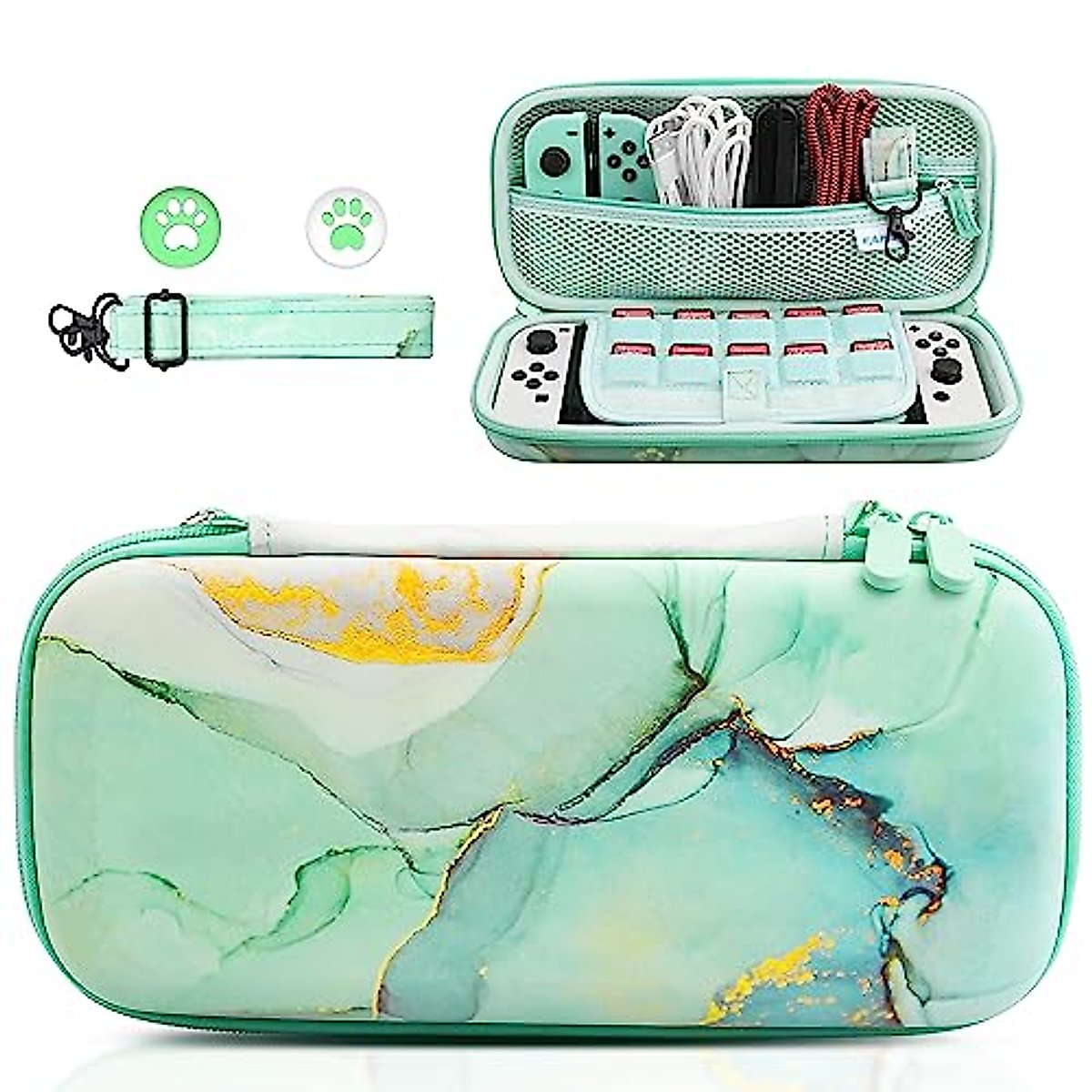 HYPERCASE Green Marble Carrying Case Compatible with Nintendo Switch/OLED, Shockproof Hard Protective Cover Case with 10 Game Card Slots, Portable Travel Bag for Switch Console Joycon & Accessories.