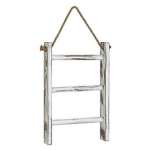 Erhai 3-Tier Mini Whitewashed Wood Wall- Hand Towel Storage Ladder with Rope