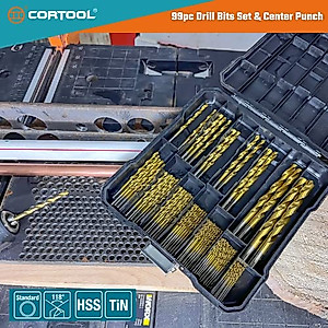 CORTOOL 99PCS HSS Titanium Drill Bit Set, 135 Degree Split Point HSS Drill Bits Kit with Storage Case for Steel, Aluminum, Copper, Soft Alloy Steel, Wood, Plastic Size from 1/16" to 3/8"